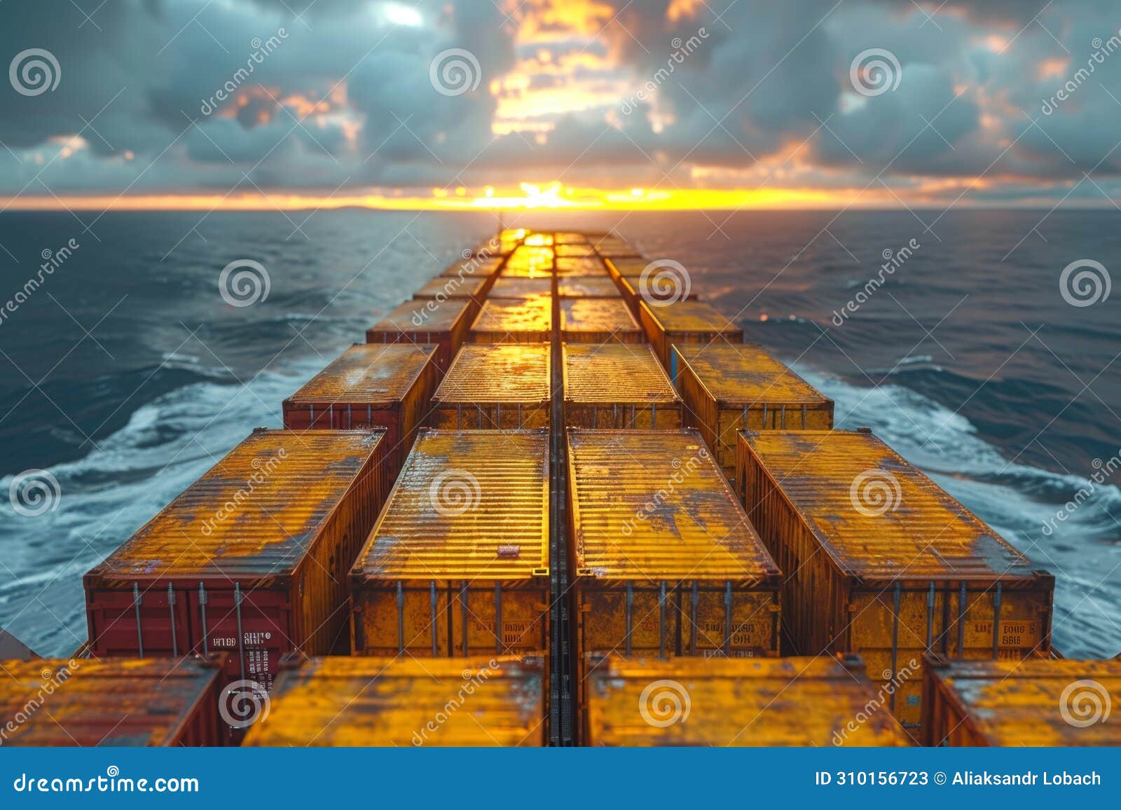 Gold Containers with Cargo on a Container Ship in the Ocean Stock Image ...