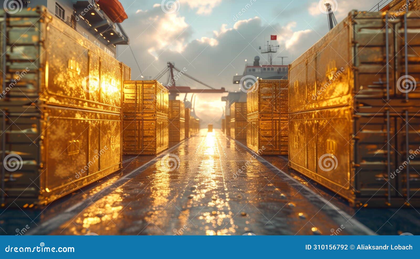 Gold Containers with Cargo on a Container Ship in the Ocean Stock Photo ...