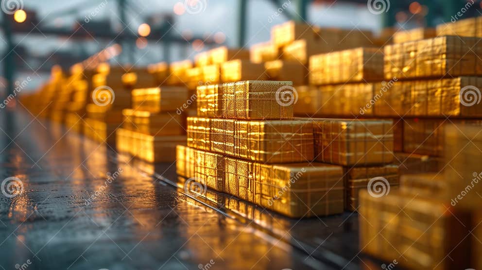 Gold Containers with Cargo on a Container Ship in the Ocean Stock Image ...