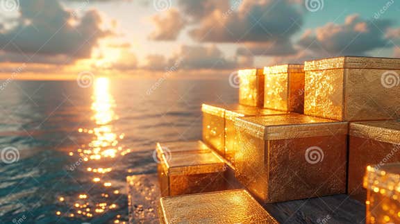 Gold Containers with Cargo on a Container Ship in the Ocean Stock Photo ...