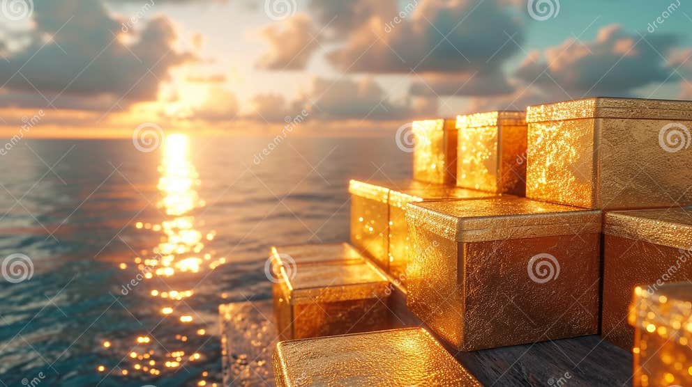 Gold Containers with Cargo on a Container Ship in the Ocean Stock Photo ...