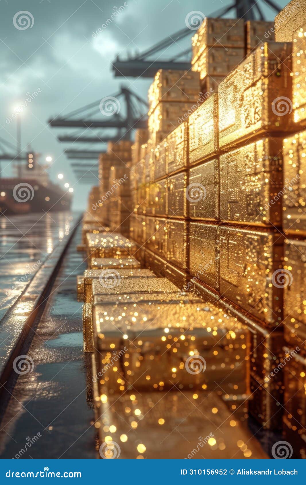 Gold Containers with Cargo on a Container Ship in the Ocean Stock Photo ...