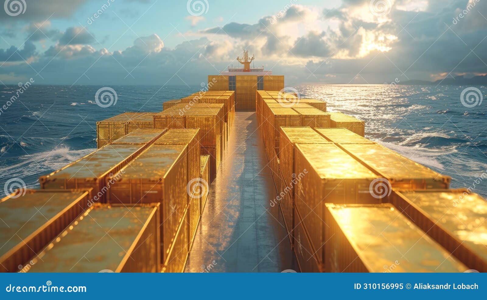 Gold Containers with Cargo on a Container Ship in the Ocean Stock Image ...