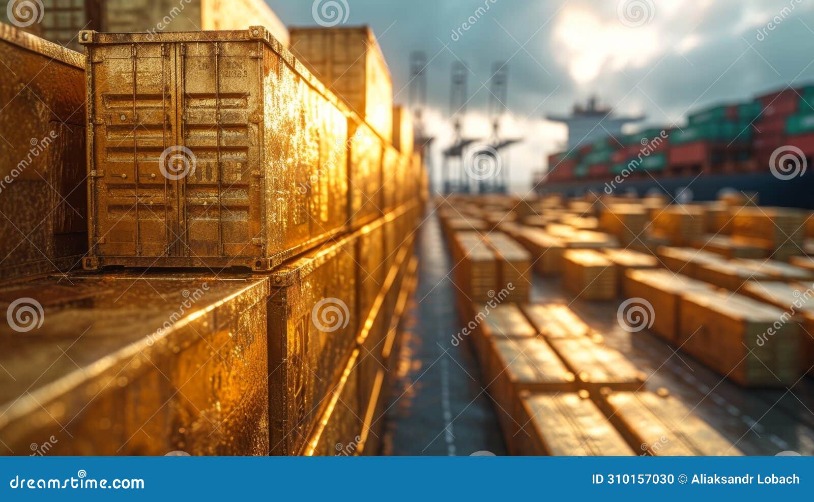 Gold Containers with Cargo on a Container Ship in the Ocean Stock Photo ...