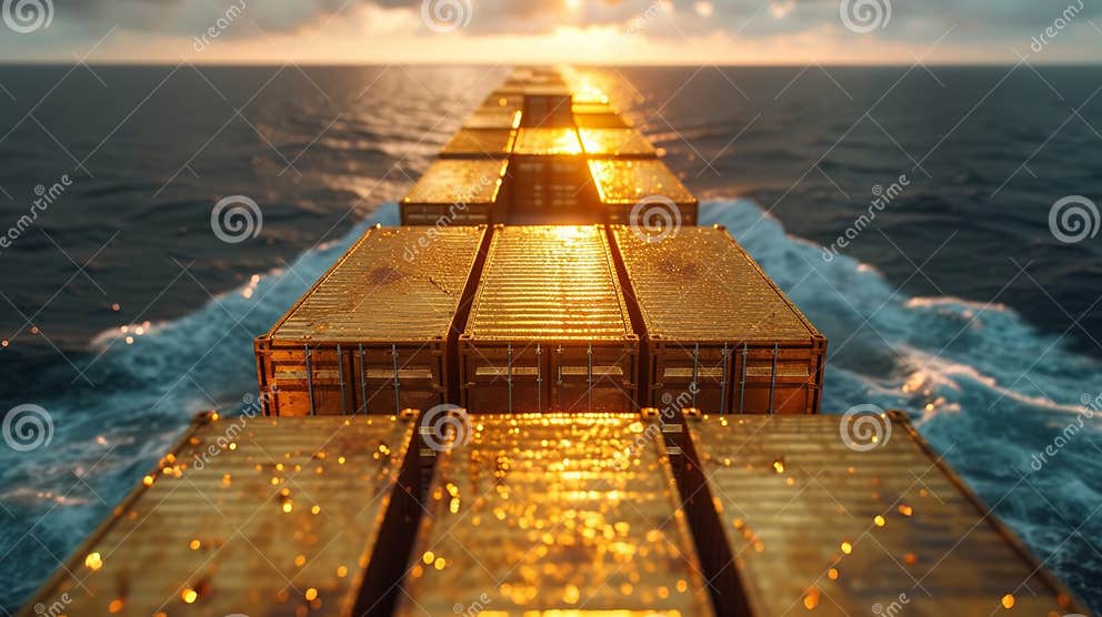 Gold Containers with Cargo on a Container Ship in the Ocean Stock Photo ...