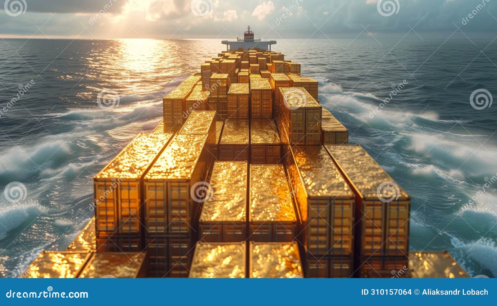 Gold Containers with Cargo on a Container Ship in the Ocean Stock Photo ...