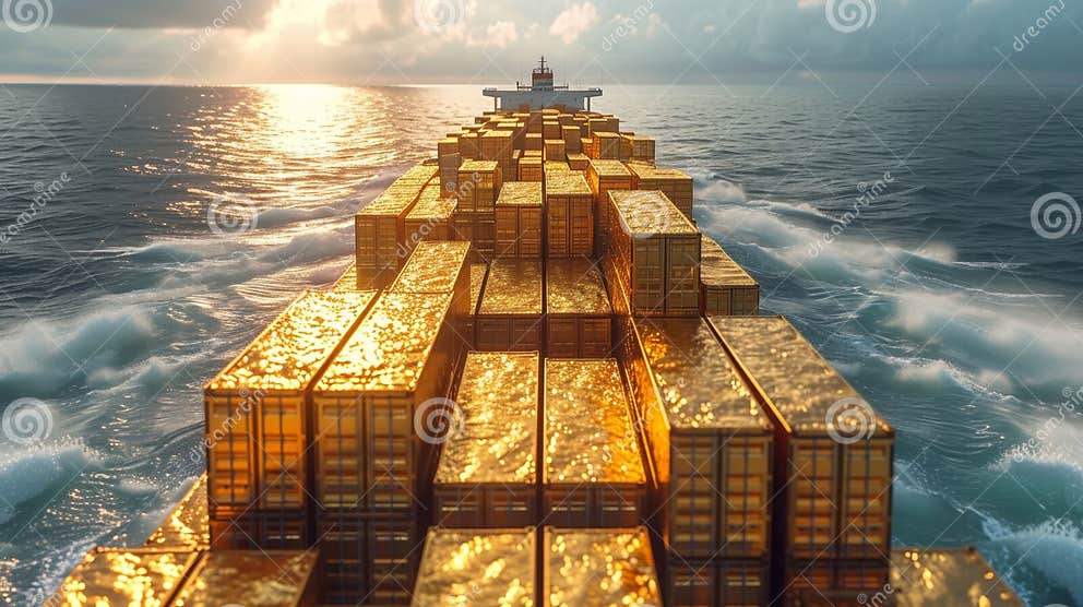 Gold Containers with Cargo on a Container Ship in the Ocean Stock Photo ...