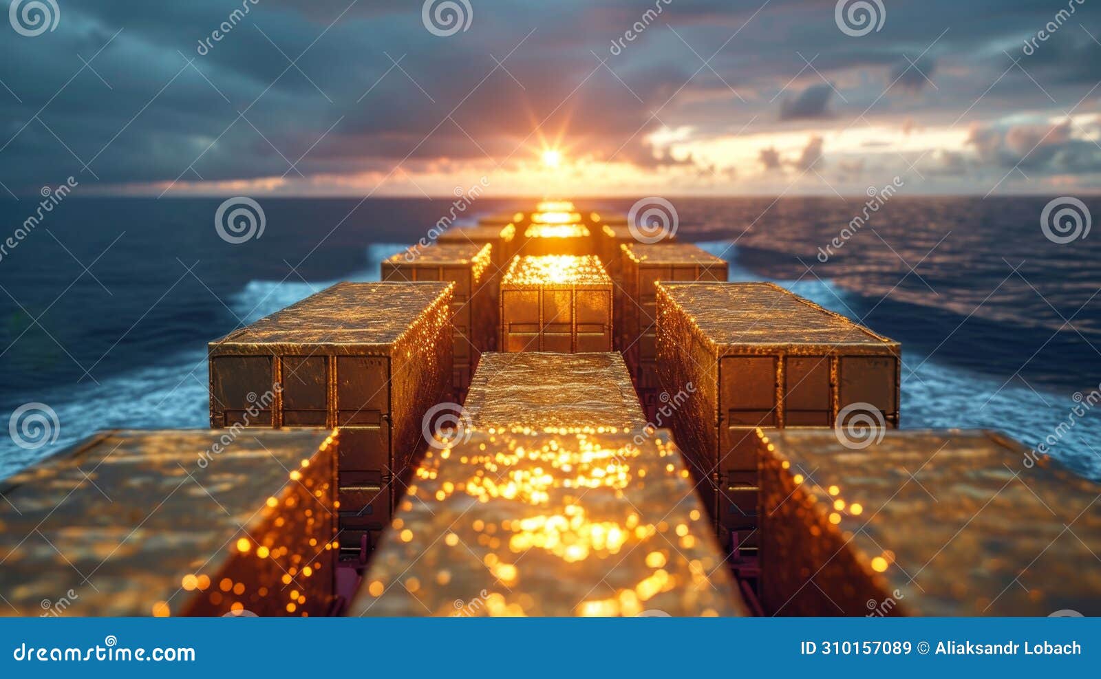 Gold Containers with Cargo on a Container Ship in the Ocean Stock Image ...