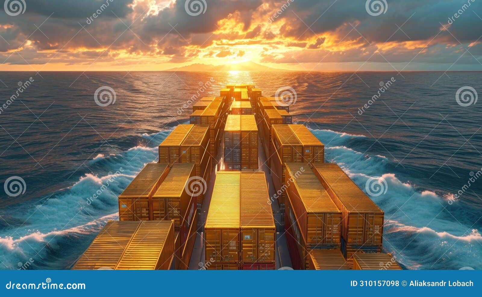Gold Containers with Cargo on a Container Ship in the Ocean Stock Photo ...