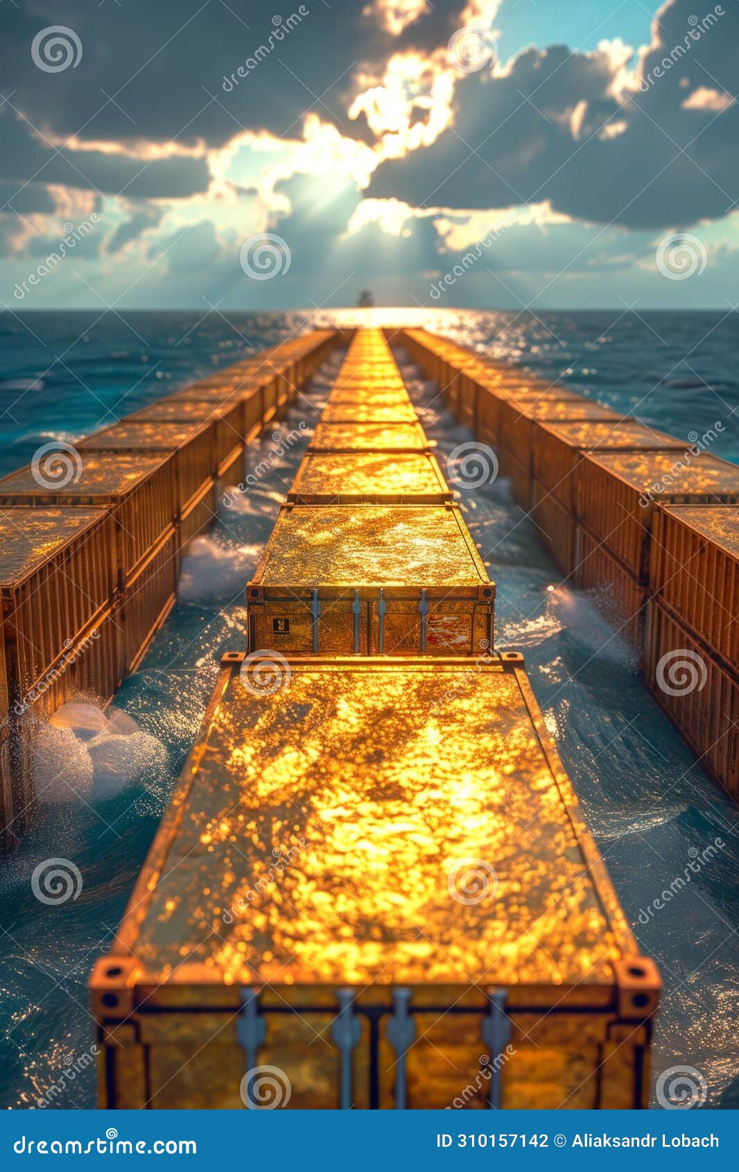 Gold Containers with Cargo on a Container Ship in the Ocean Stock Photo ...