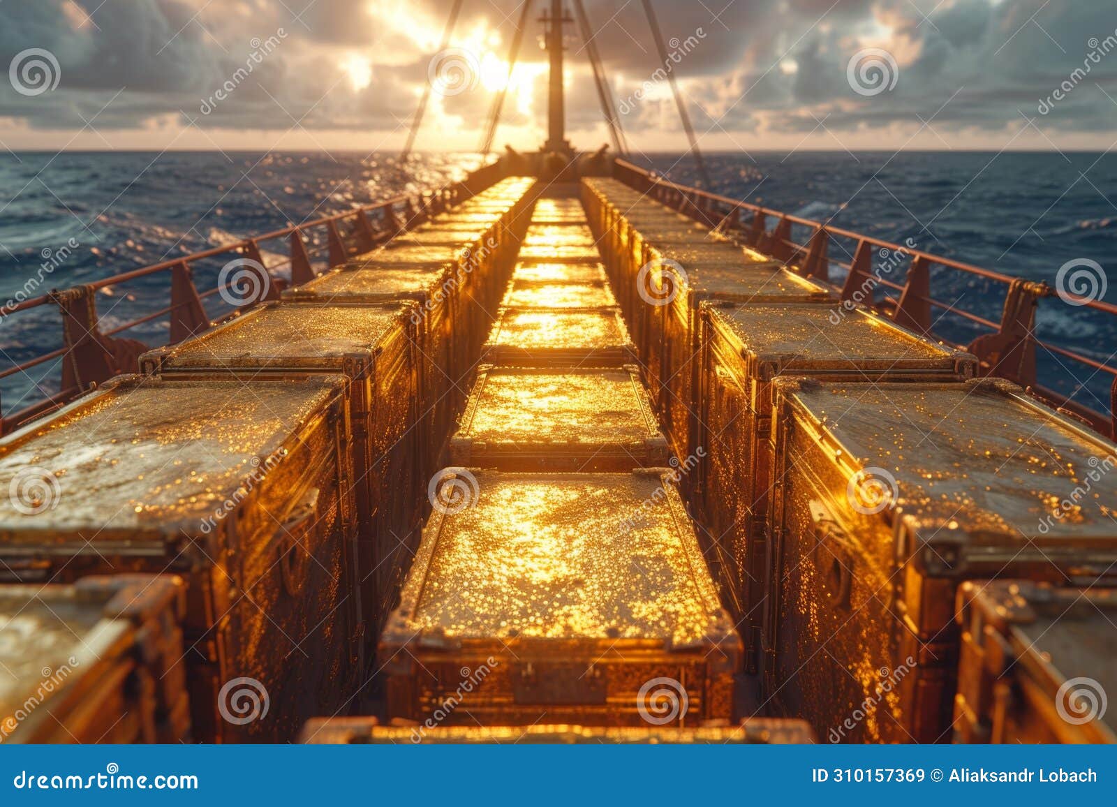 Gold Containers with Cargo on a Container Ship in the Ocean Stock Image ...