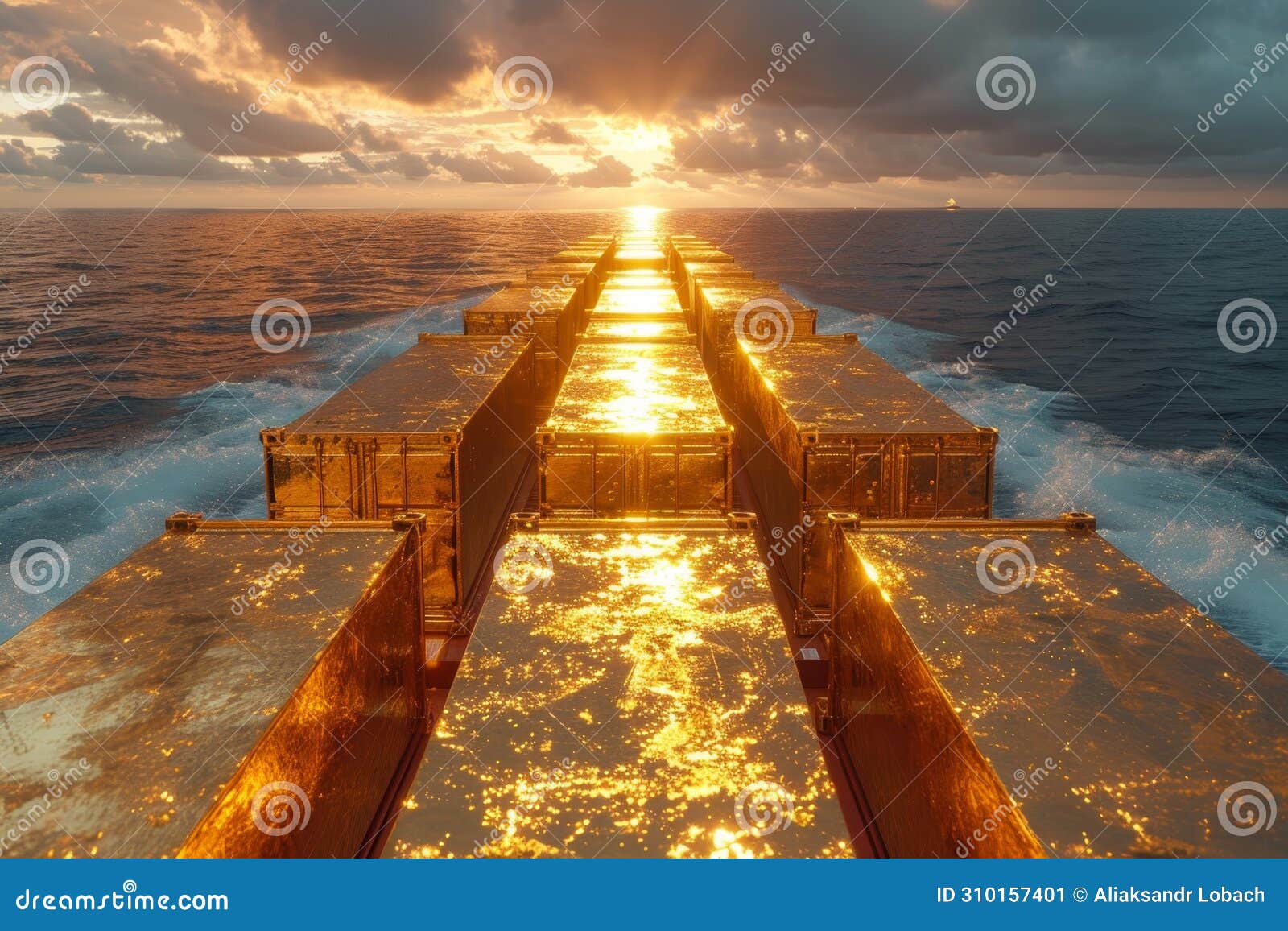 Gold Containers with Cargo on a Container Ship in the Ocean Stock Image ...