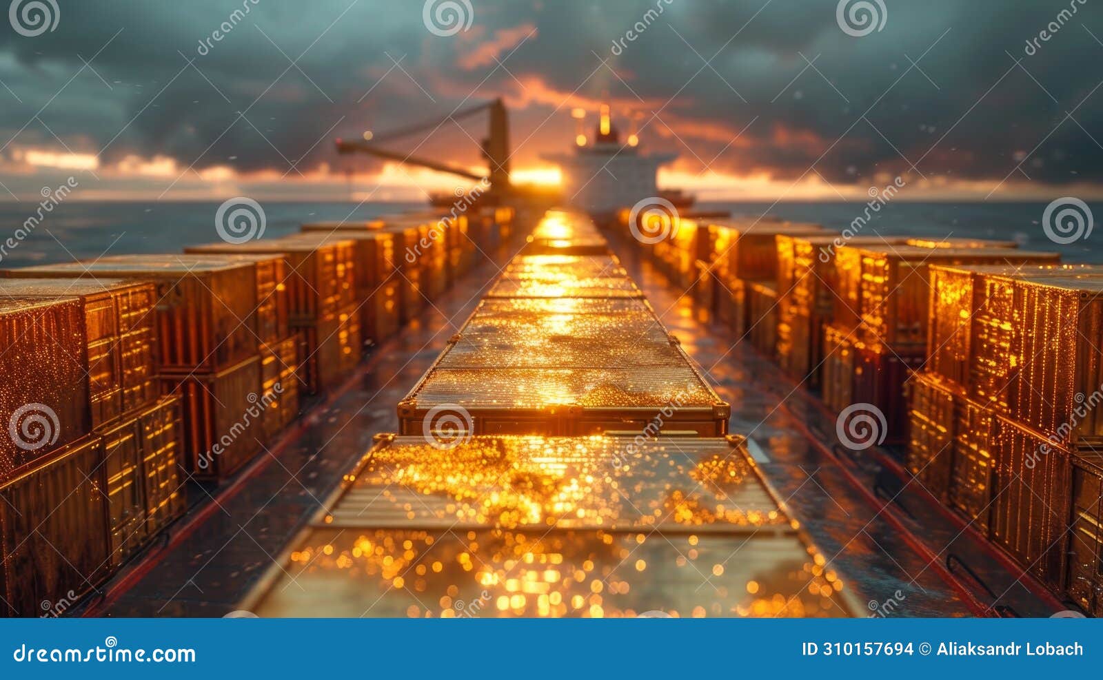 Gold Containers with Cargo on a Container Ship in the Ocean Stock Photo ...