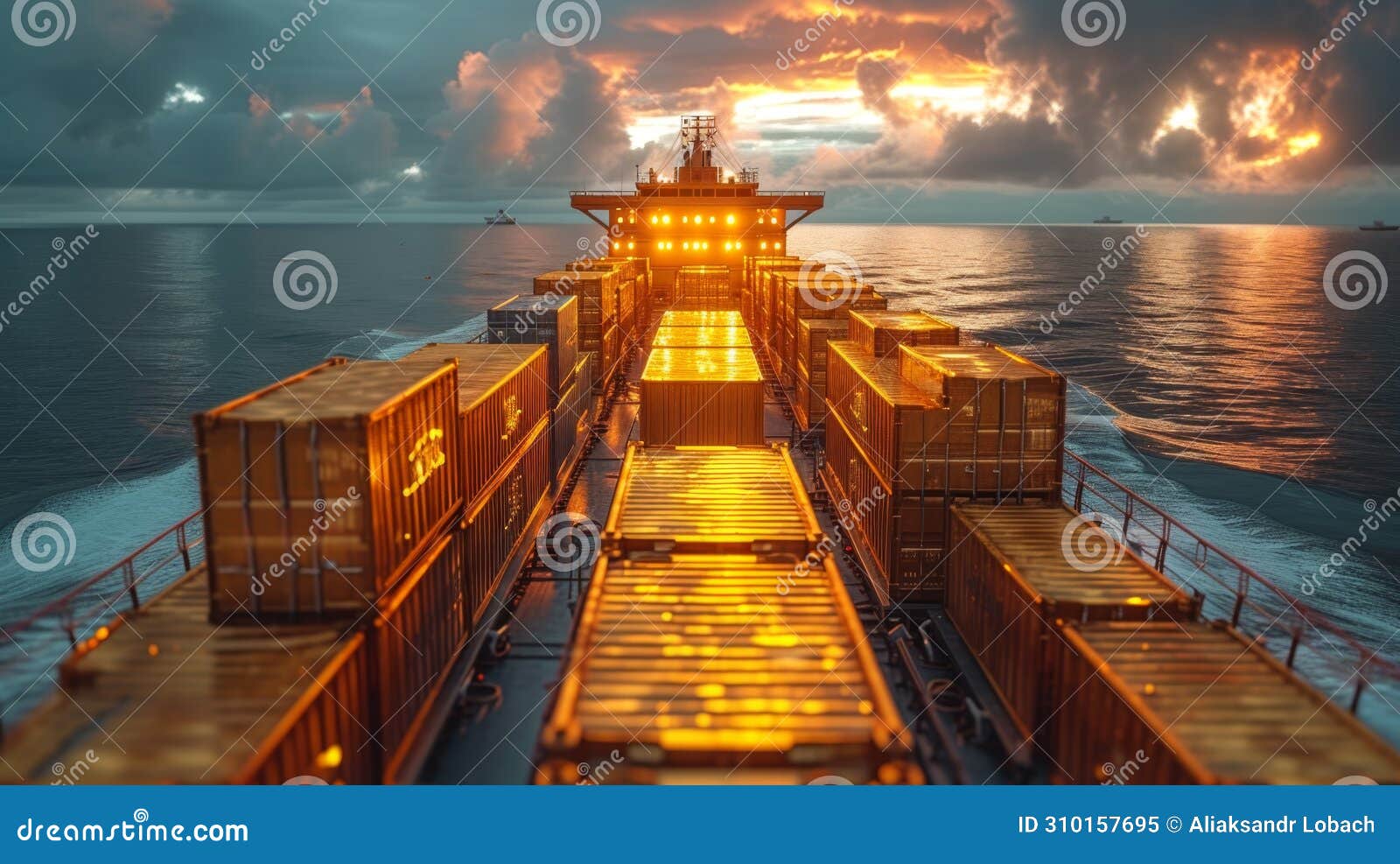 Gold Containers with Cargo on a Container Ship in the Ocean Stock Image ...