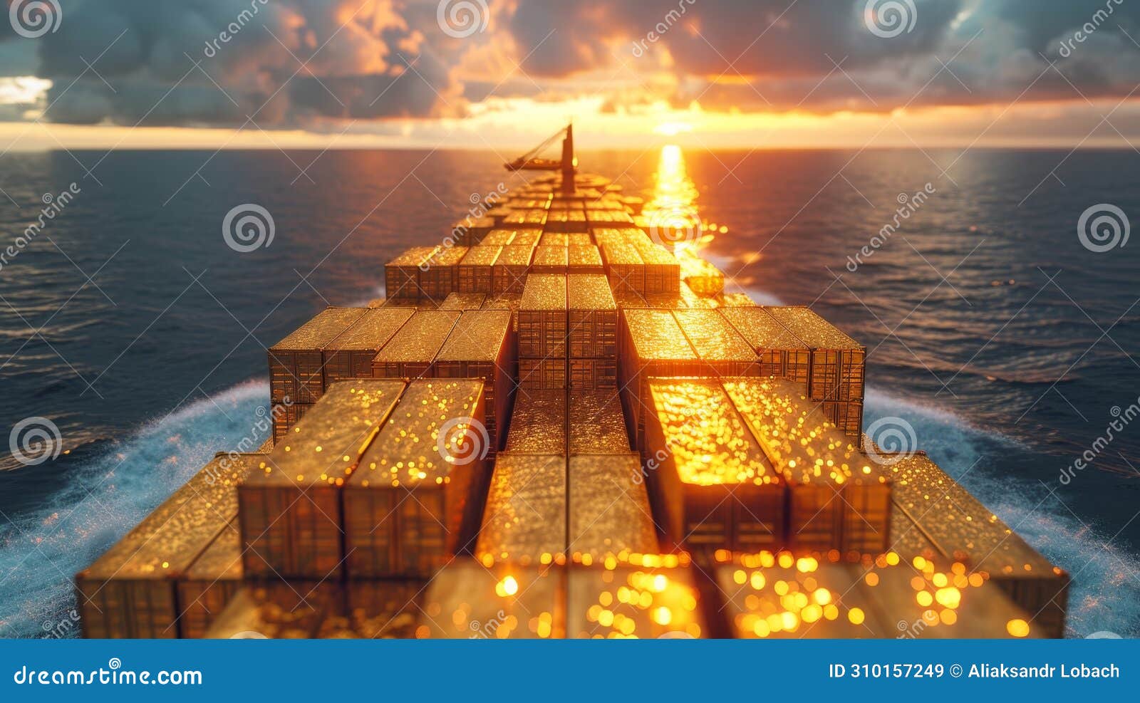 Gold Containers with Cargo on a Container Ship in the Ocean at Sunset ...