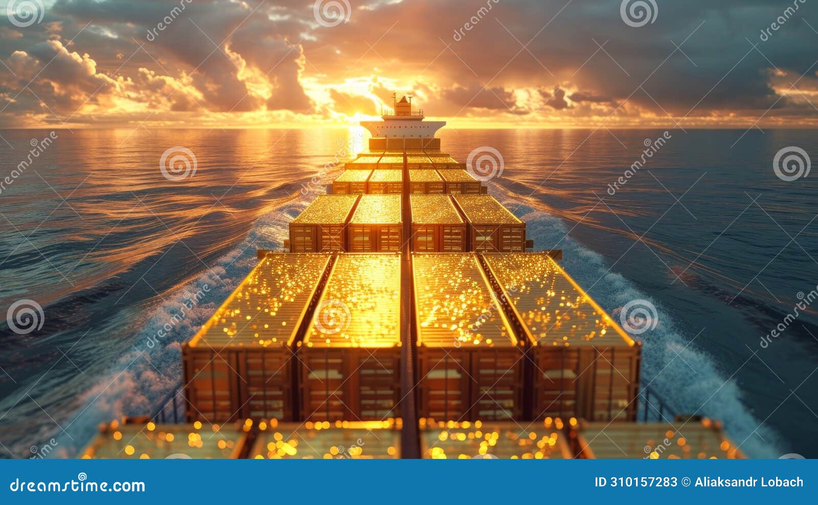 Gold Containers with Cargo on a Container Ship in the Ocean at Sunset ...