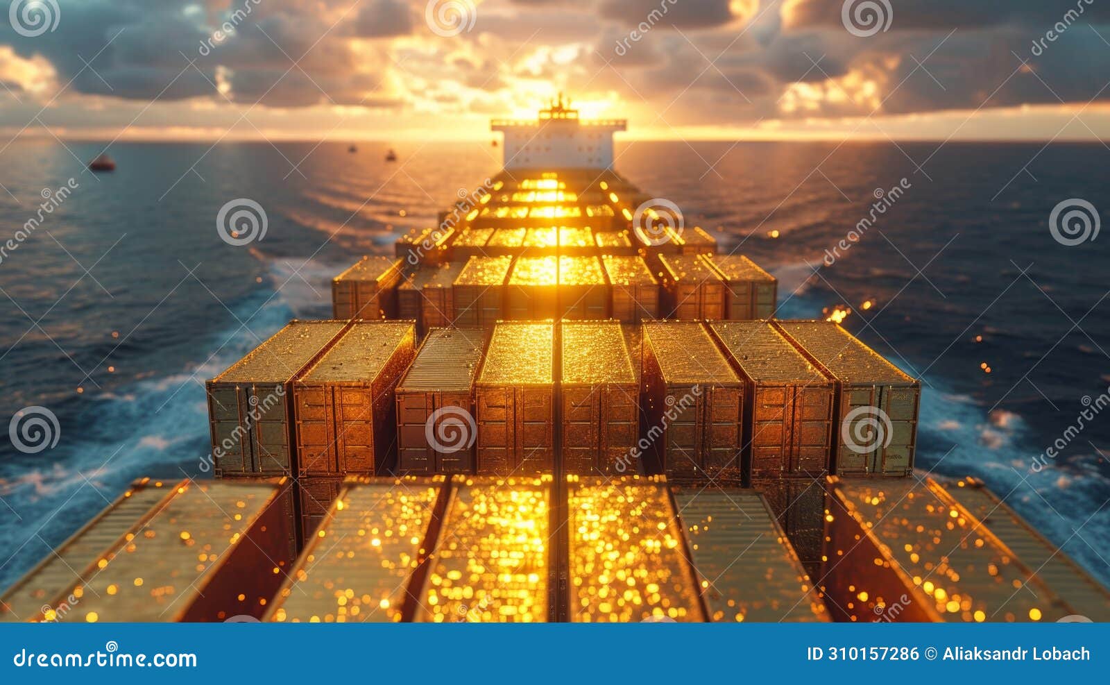 Gold Containers with Cargo on a Container Ship in the Ocean at Sunset ...