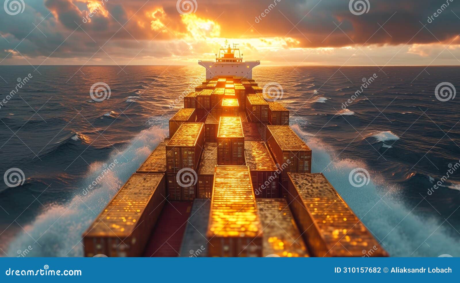 Gold Containers with Cargo on a Container Ship in the Ocean at Sunset ...