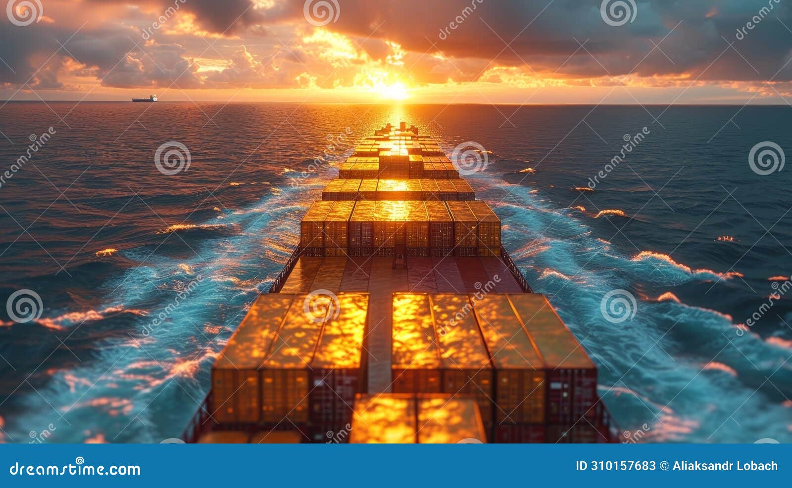 Gold Containers with Cargo on a Container Ship in the Ocean at Sunset ...