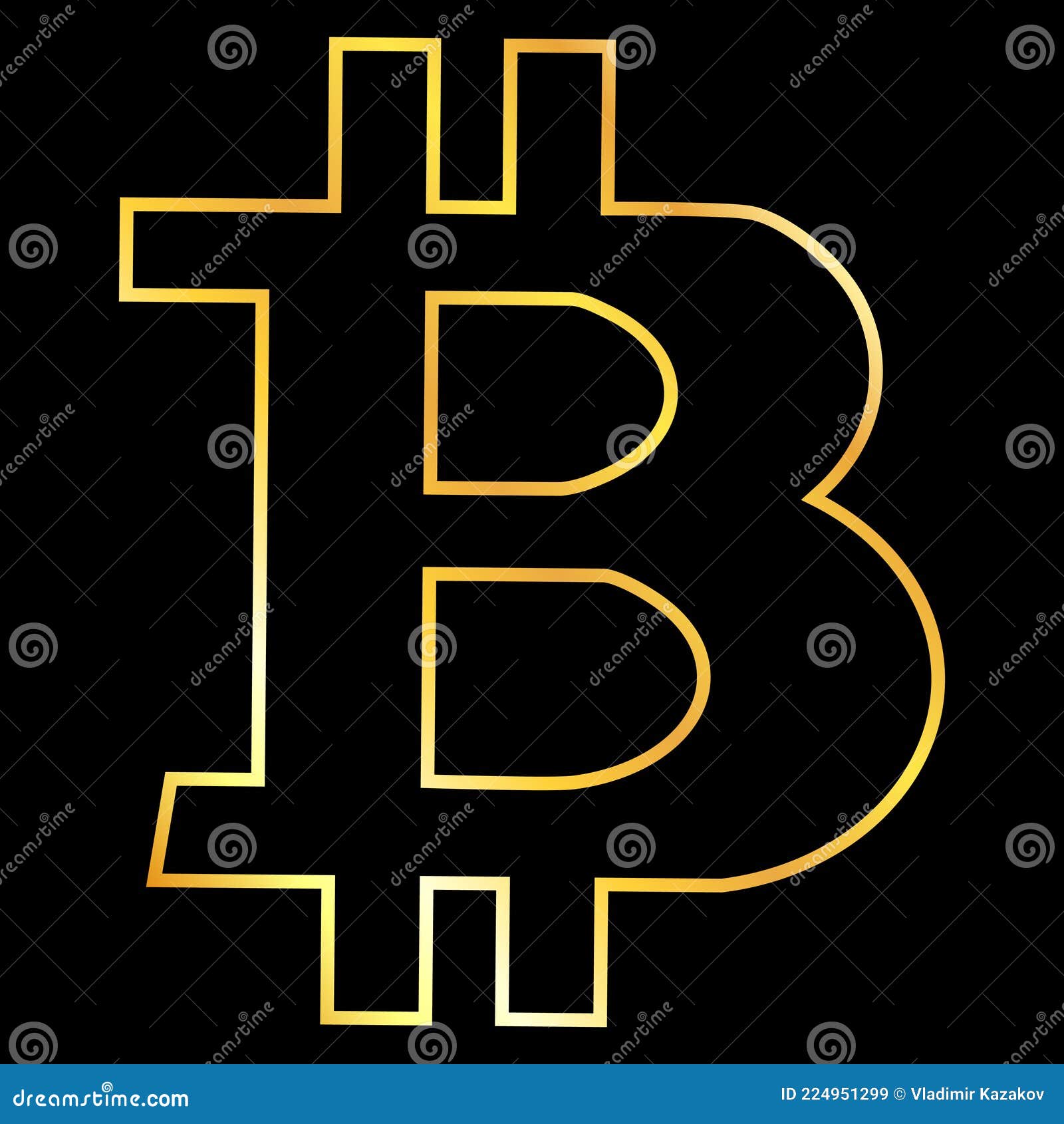 Gold Contour Bitcoin BTC Token Symbol Isolated on Black. Stock Vector ...