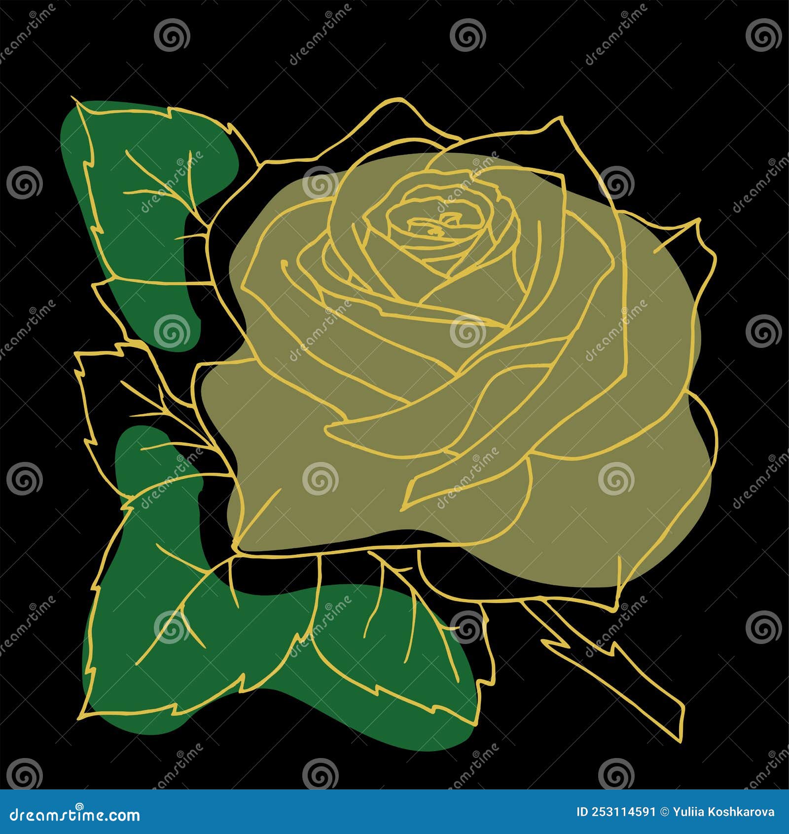 Gold Contour Drawing of a Rose Flower on a Black Background and Colored ...