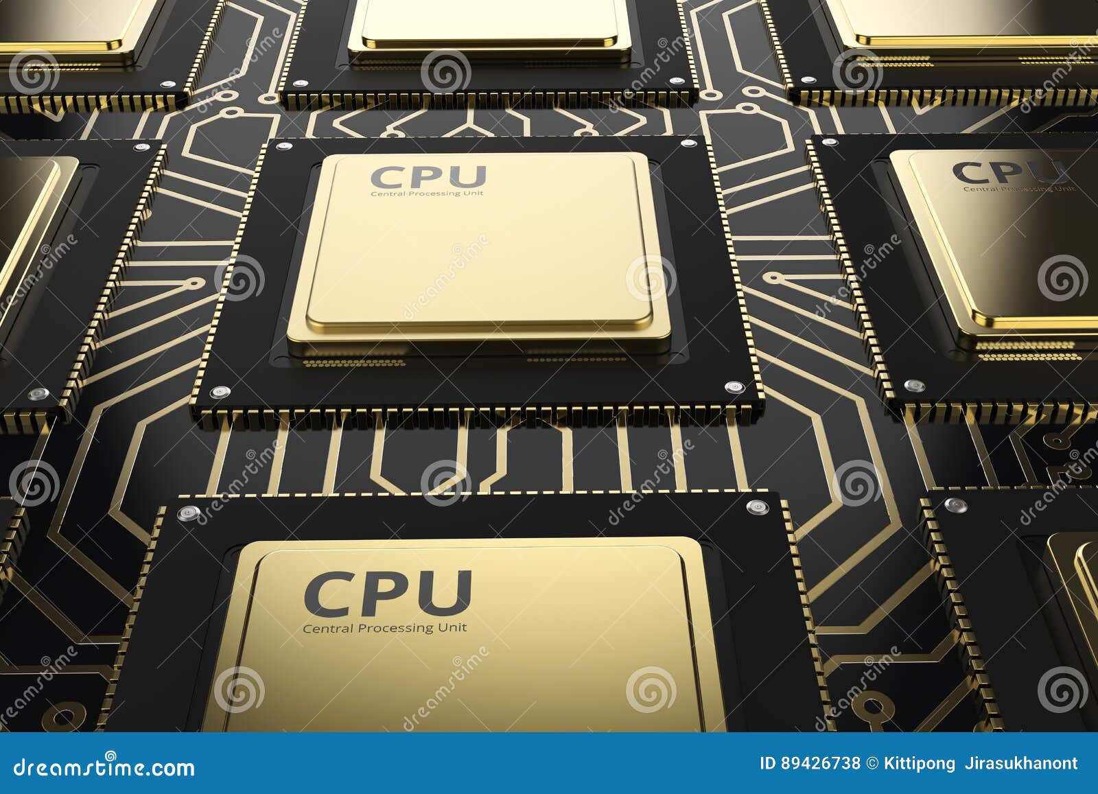 Gold cpu chips in a row stock illustration. Illustration of ...