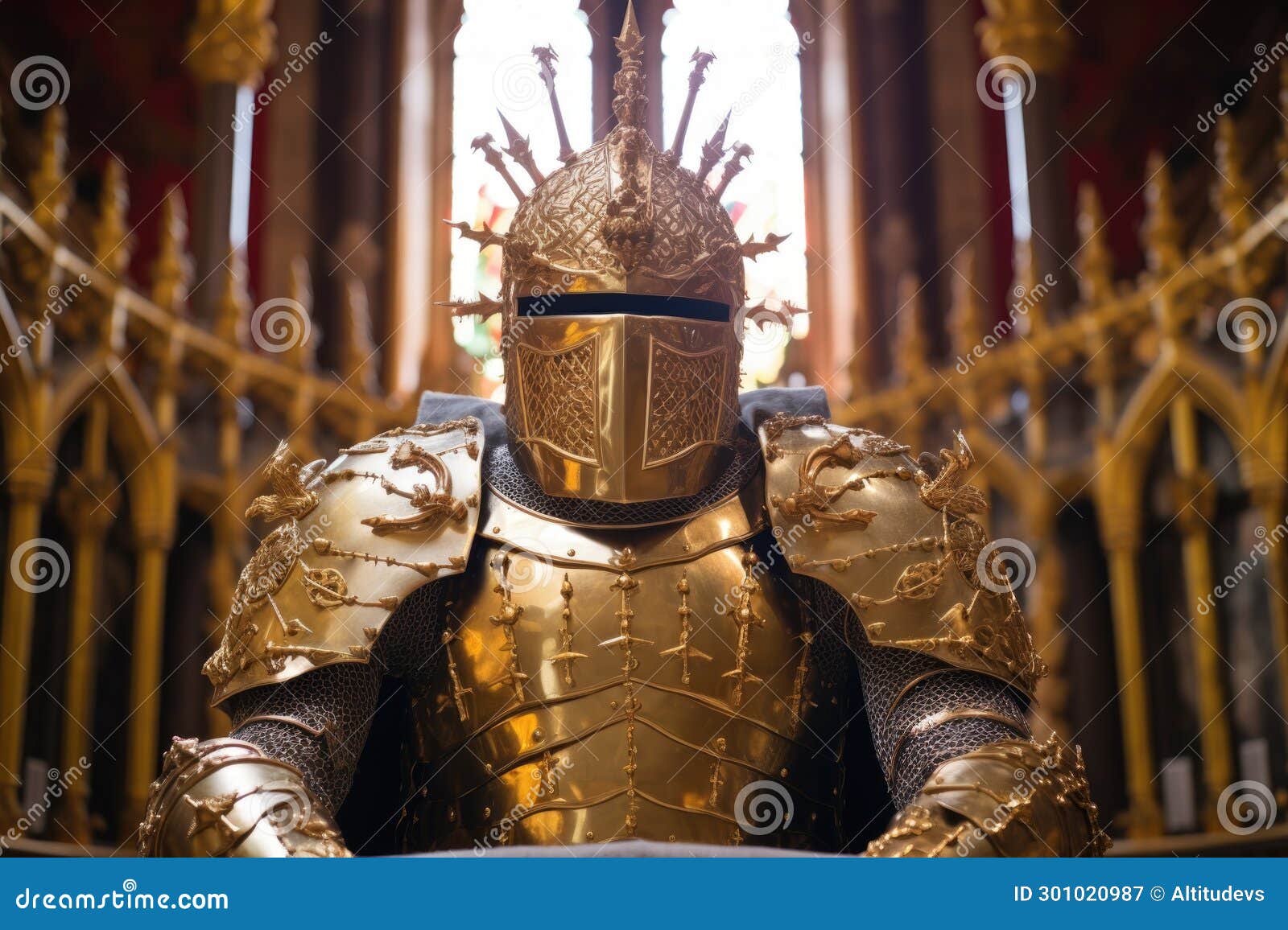 Gold Crown on a Knights Suit-of-armor in a Castle Stock Image - Image ...