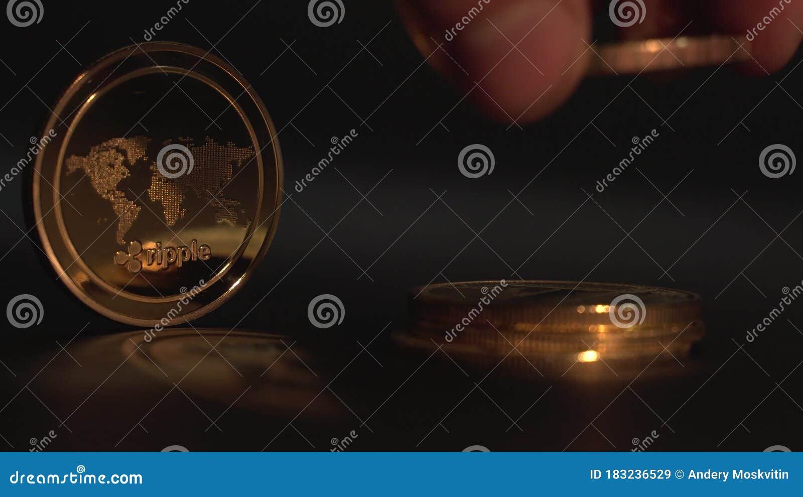 Gold Crypto Coin Etherium on the Table with Reflection on the Surface ...