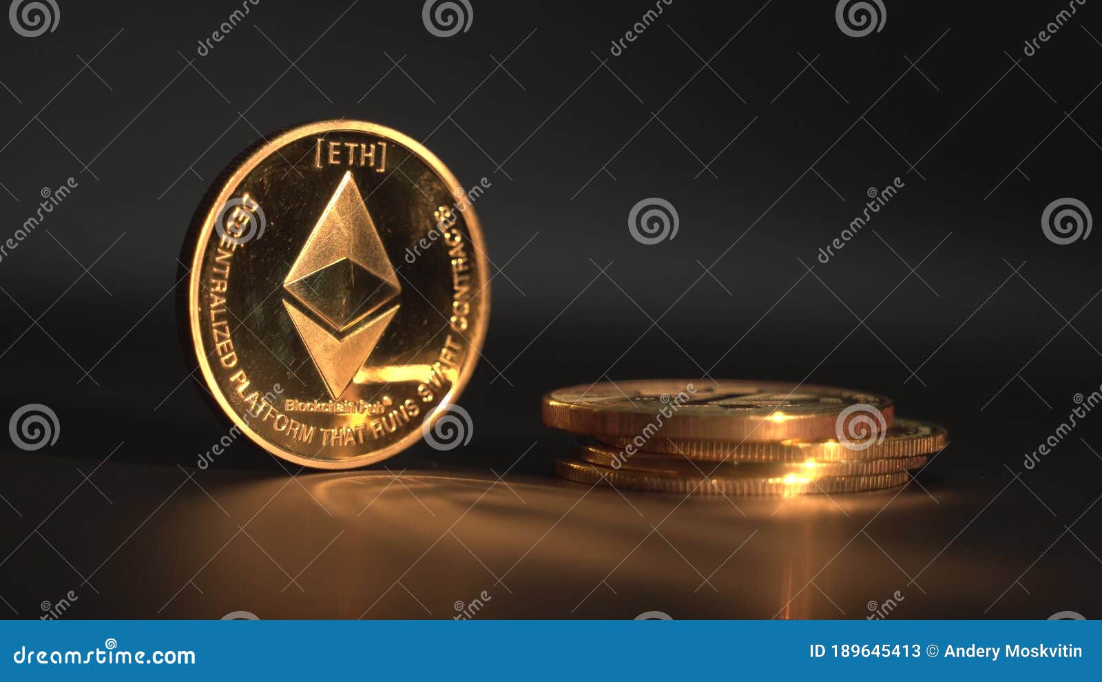 Gold Crypto Coin Etherium on the Table with Reflection on the Surface ...