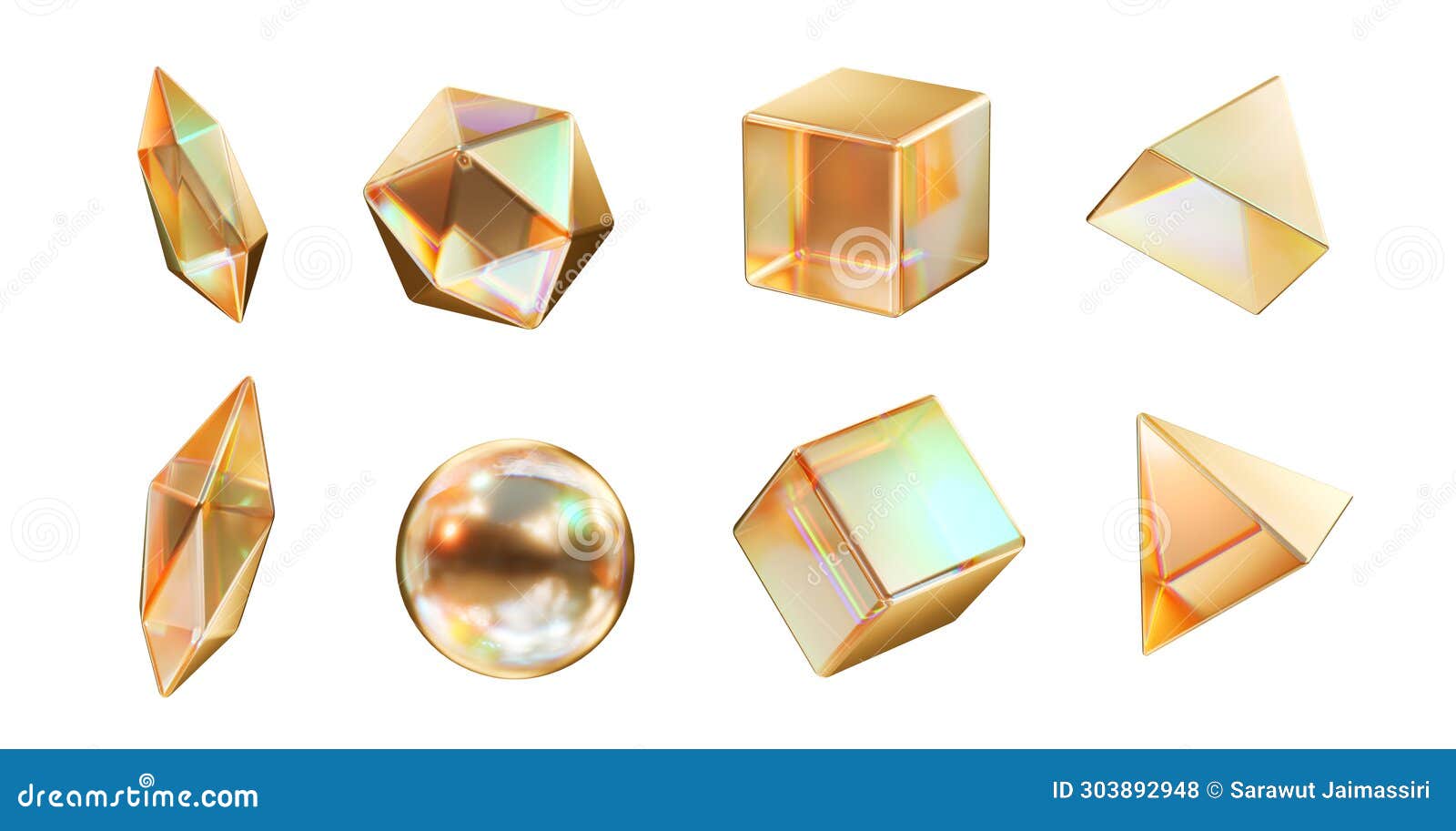 Gold Crystal Geometry Shape Set Isolated on White Background 3d ...