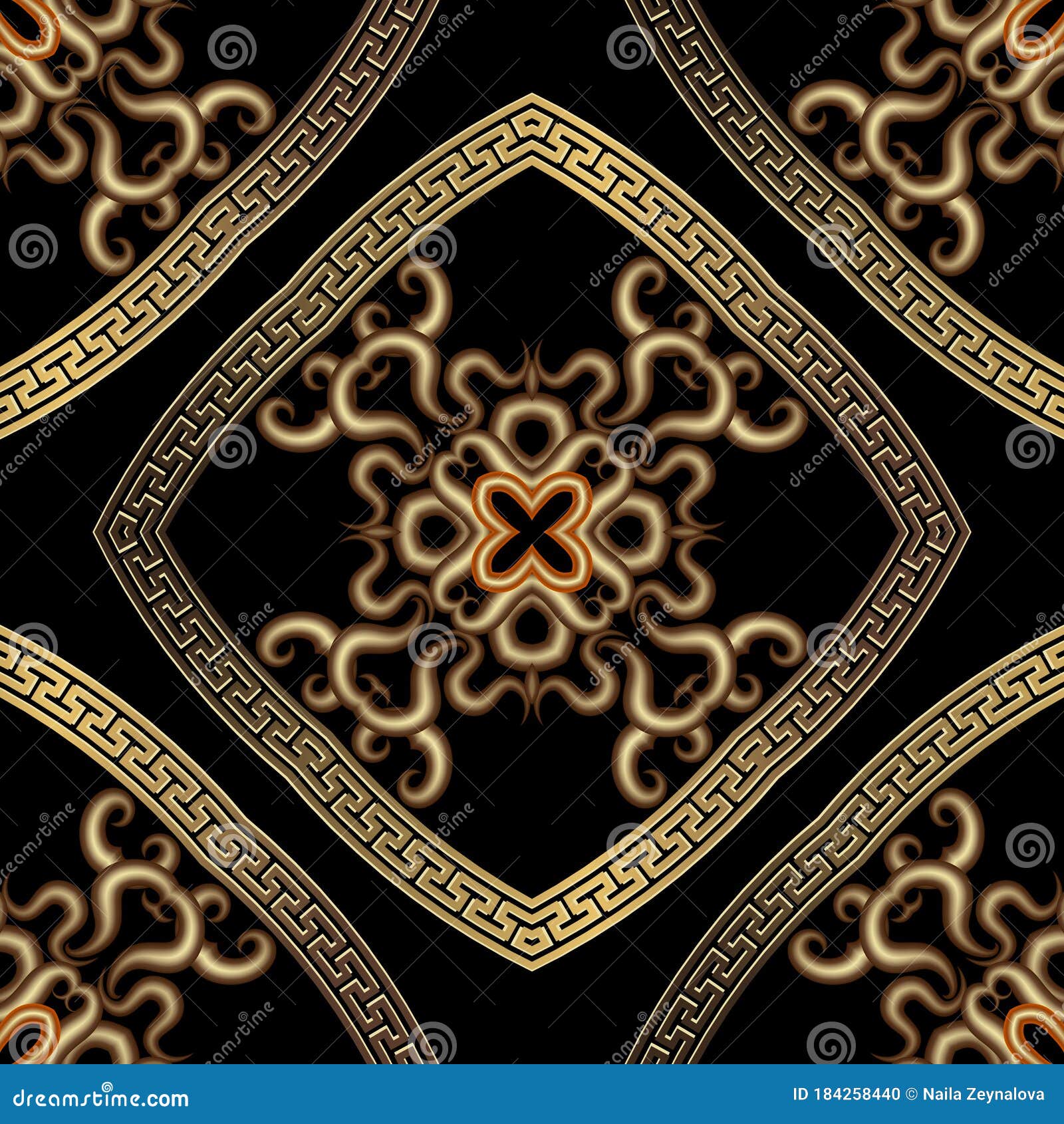 Gold 3d Floral Greek Vector Seamless Pattern. Ornamental Textured ...