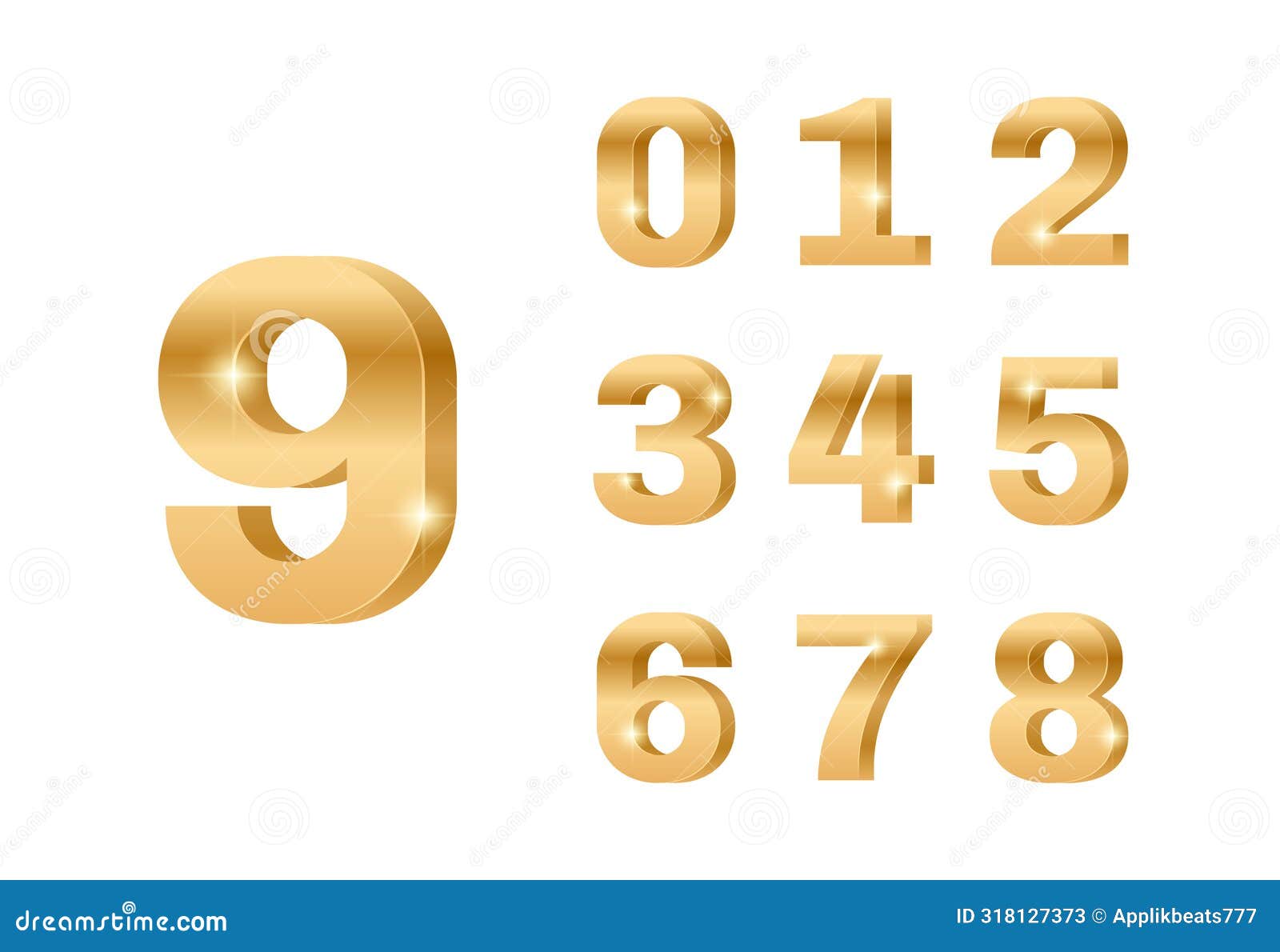 Gold 3d Numbers from 0 To 9. Gradient Gold Sparkling Texture. Golden ...