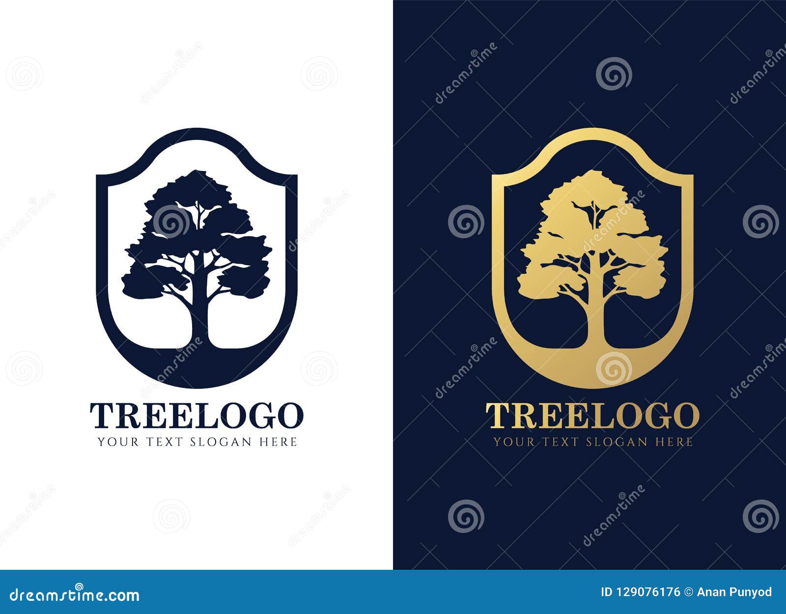 Gold and Dark Blue Tree Logo Sign in Elegant Shield Frame Vector Design ...