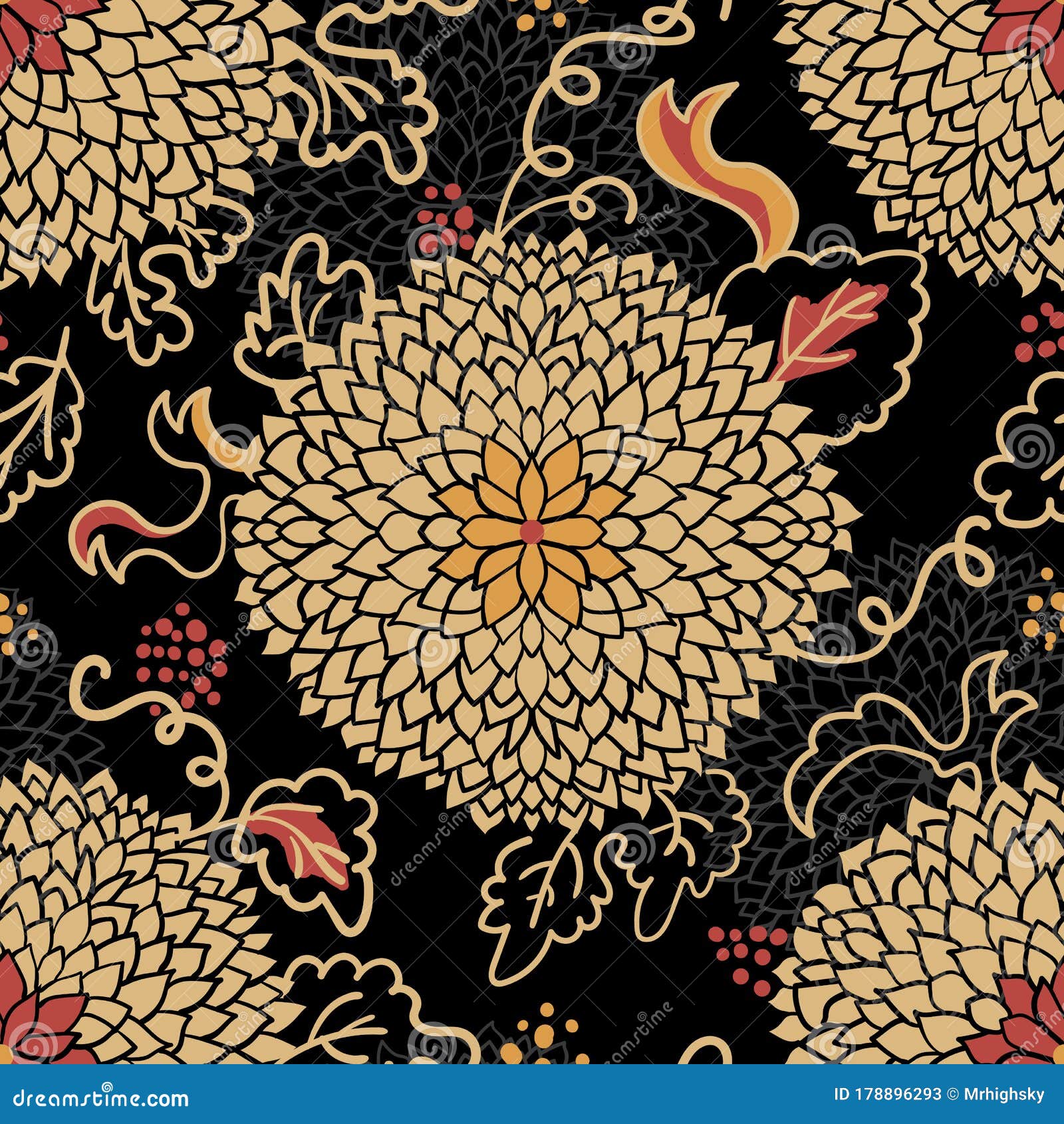 Gold Dahlia Floral Seamless Pattern Stock Vector - Illustration of ...