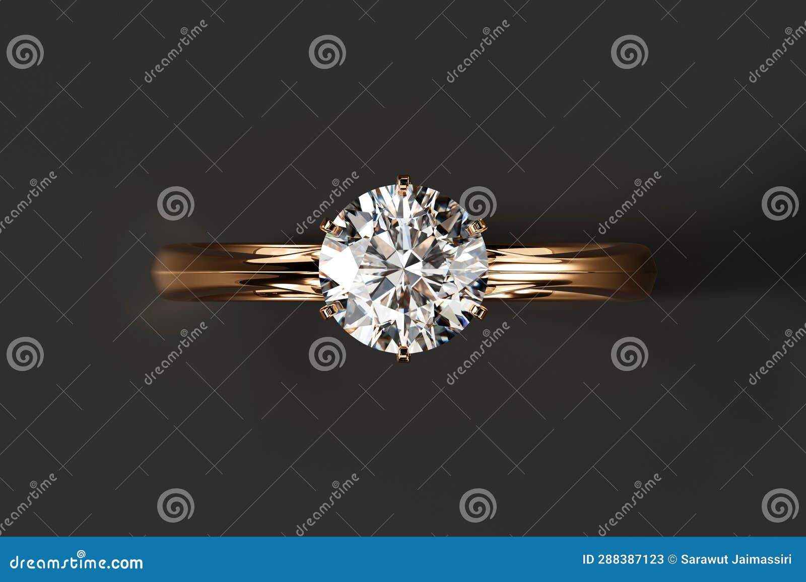 Gold Diamond Ring Top View 3D Rendering Isolated on Black Background ...