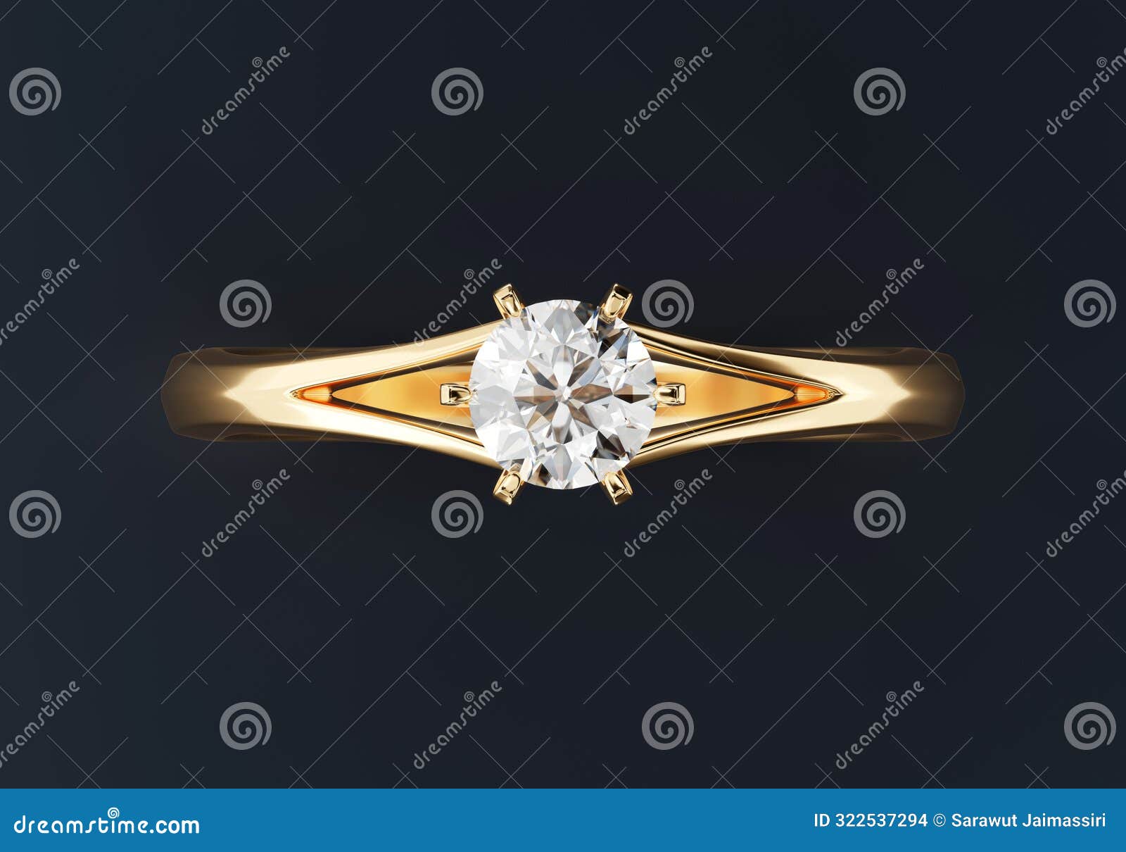 Gold Diamond Ring Top View 3D Rendering Isolated on Black Background ...