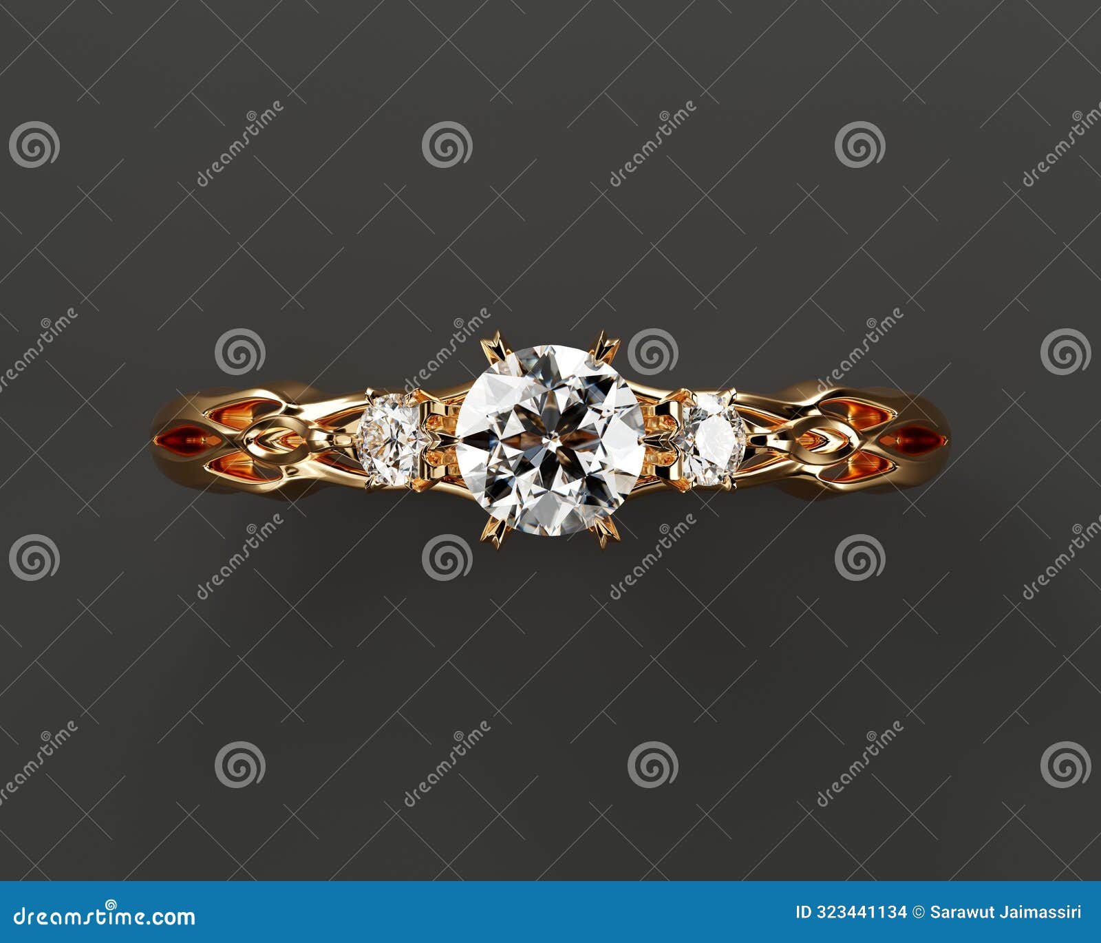 Gold Diamond Ring Top View 3D Rendering Isolated on Black Background ...