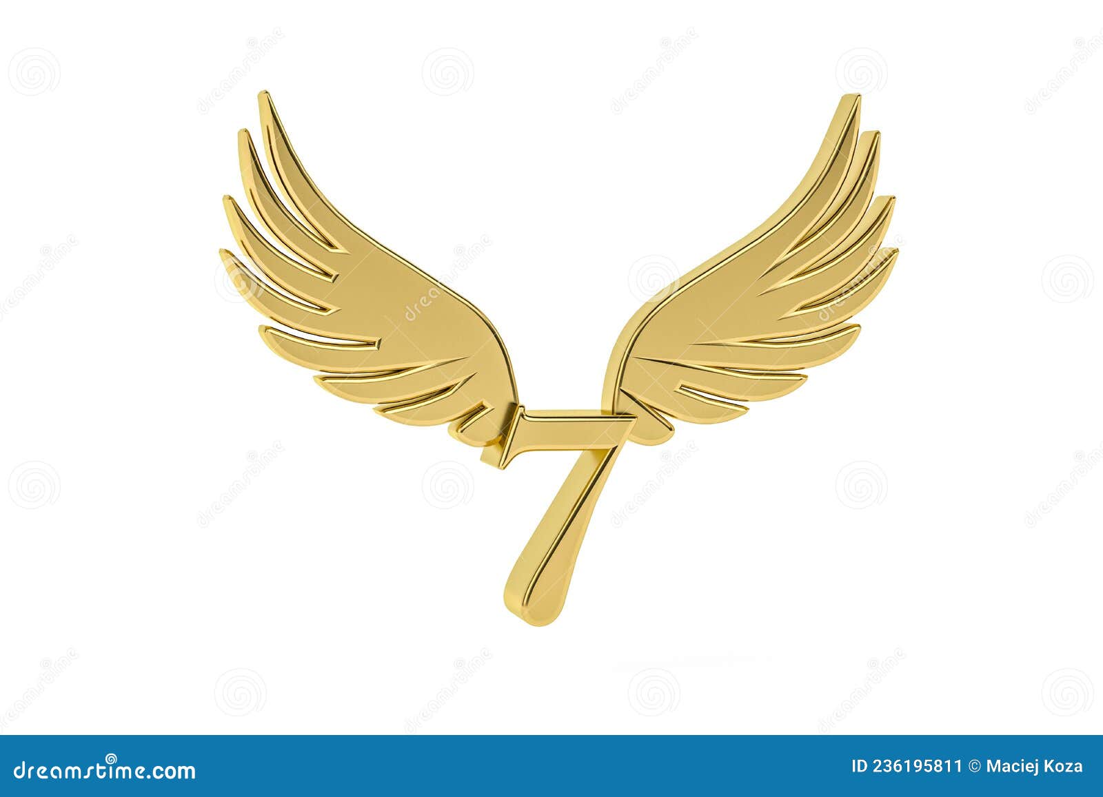 Gold Digit 7 - Three Dimensional Digit 7 with Angel Wings on White ...