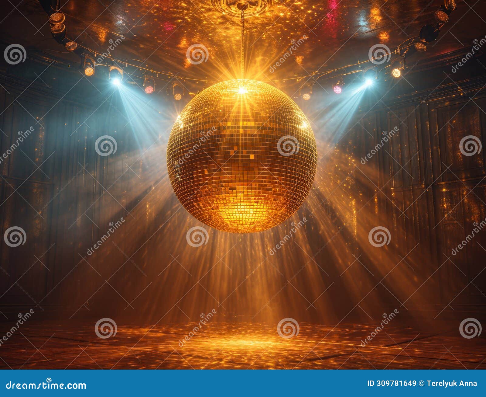 Gold Disco Ball and Lights on Stage Stock Image - Image of electronic ...