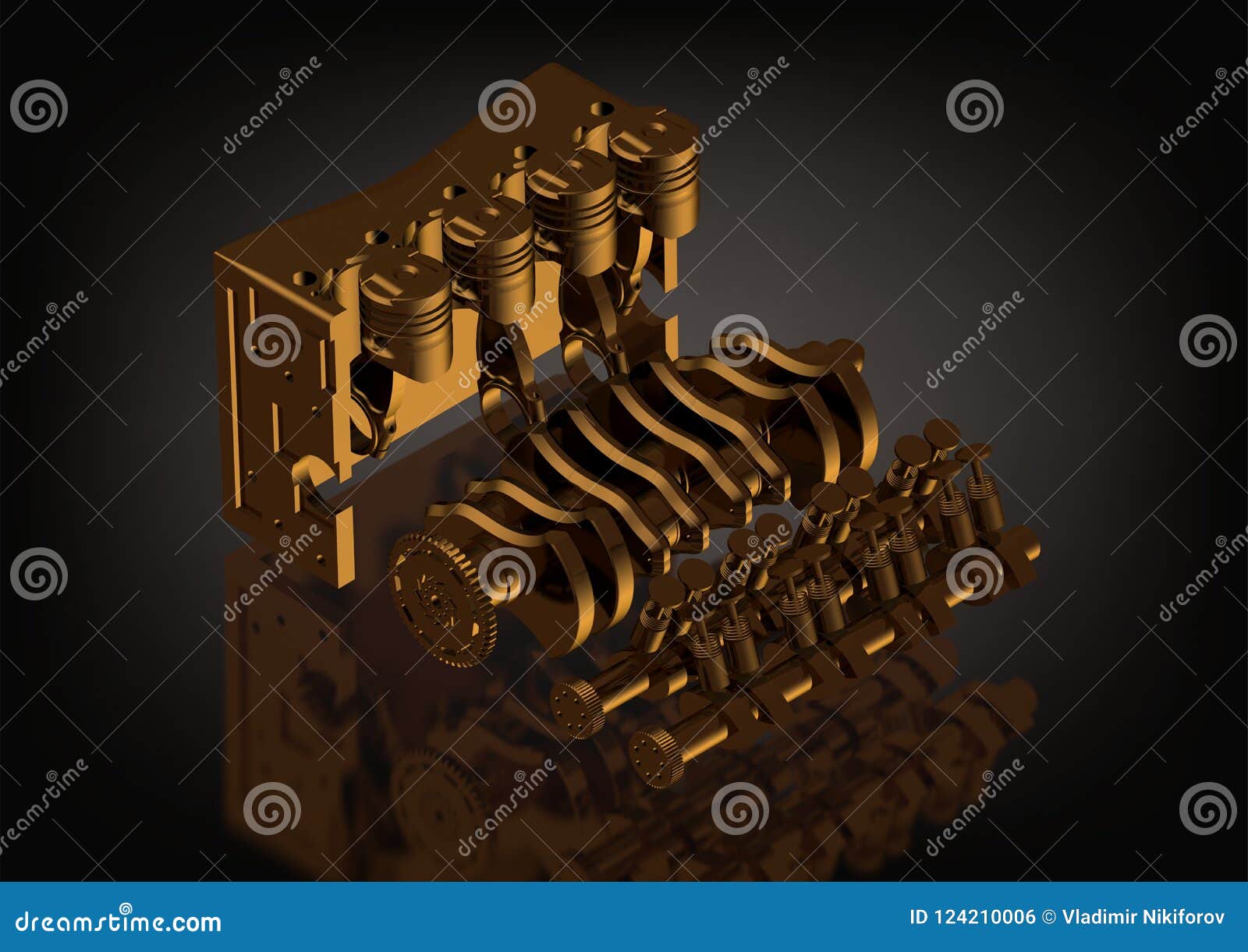 Gold Dismantled Car Engine on a Black Stock Illustration - Illustration ...