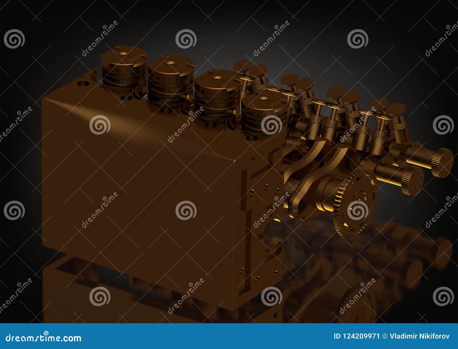 Gold Dismantled Car Engine On A Black Stock Illustration - Illustration ...