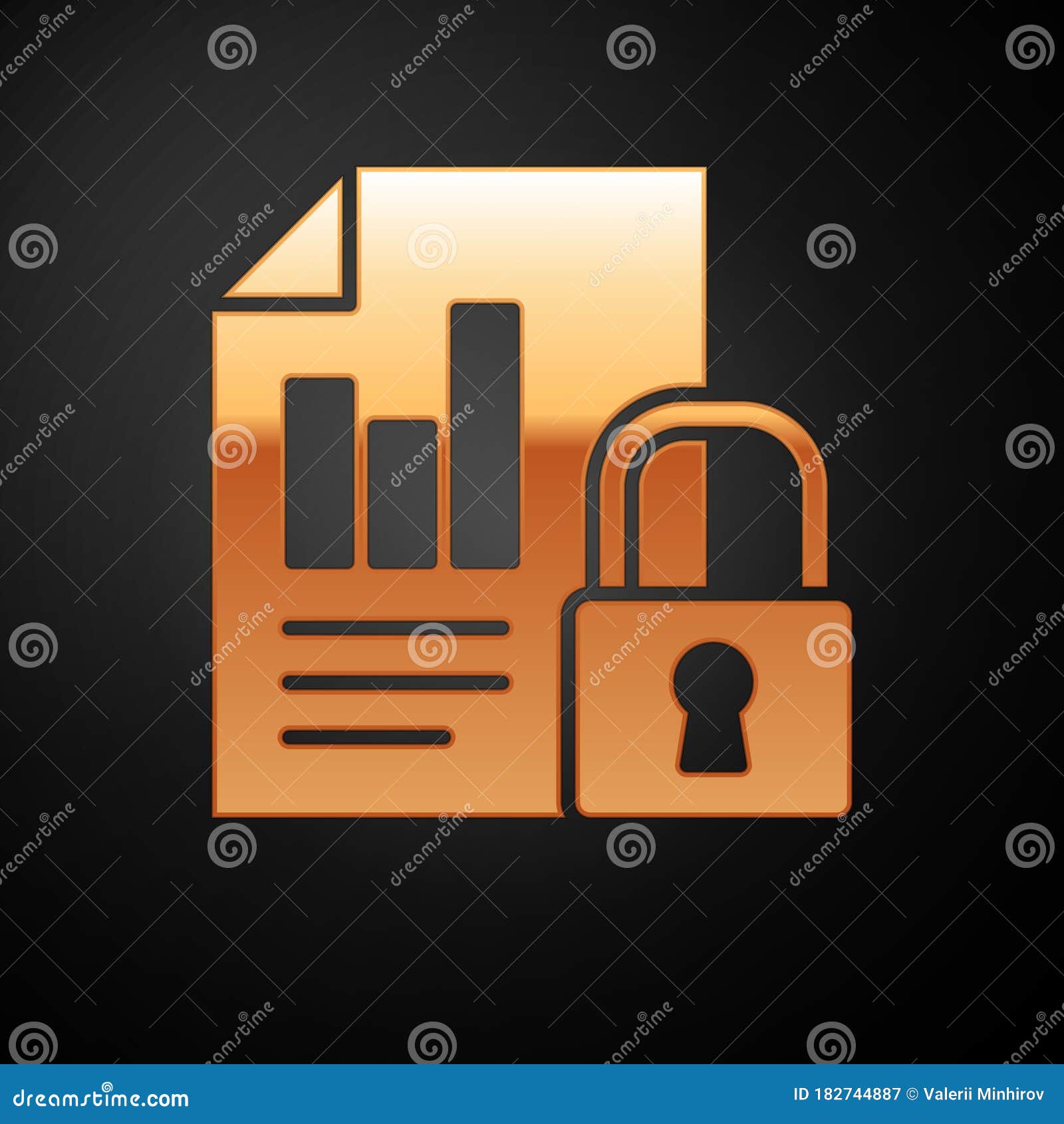 Gold Document and Lock Icon Isolated on Black Background. File Format ...