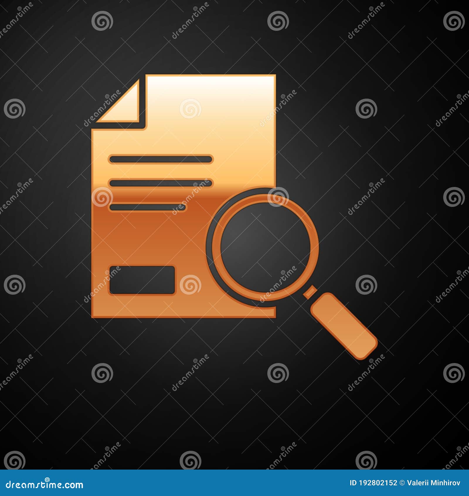 Gold Document with Search Icon Isolated on Black Background. File and ...
