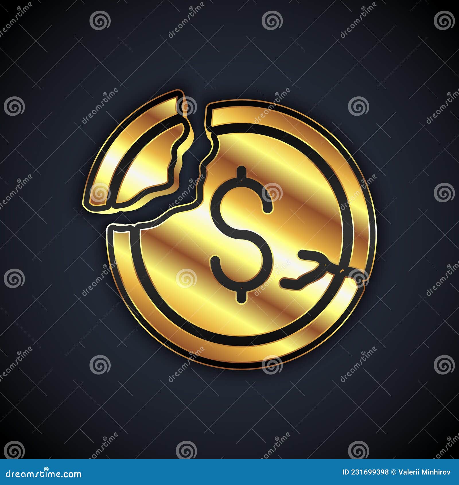 Gold Dollar Rate Decrease Icon Isolated on Black Background. Cost Reduction. Money Symbol with ...