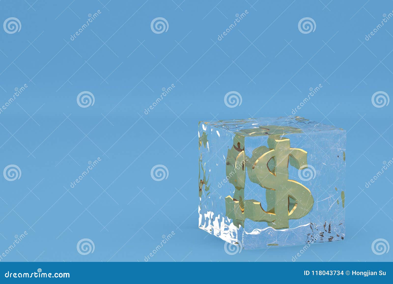 Gold Dollar Sign in Ice Cubes on Blue Background Include Path.3D ...