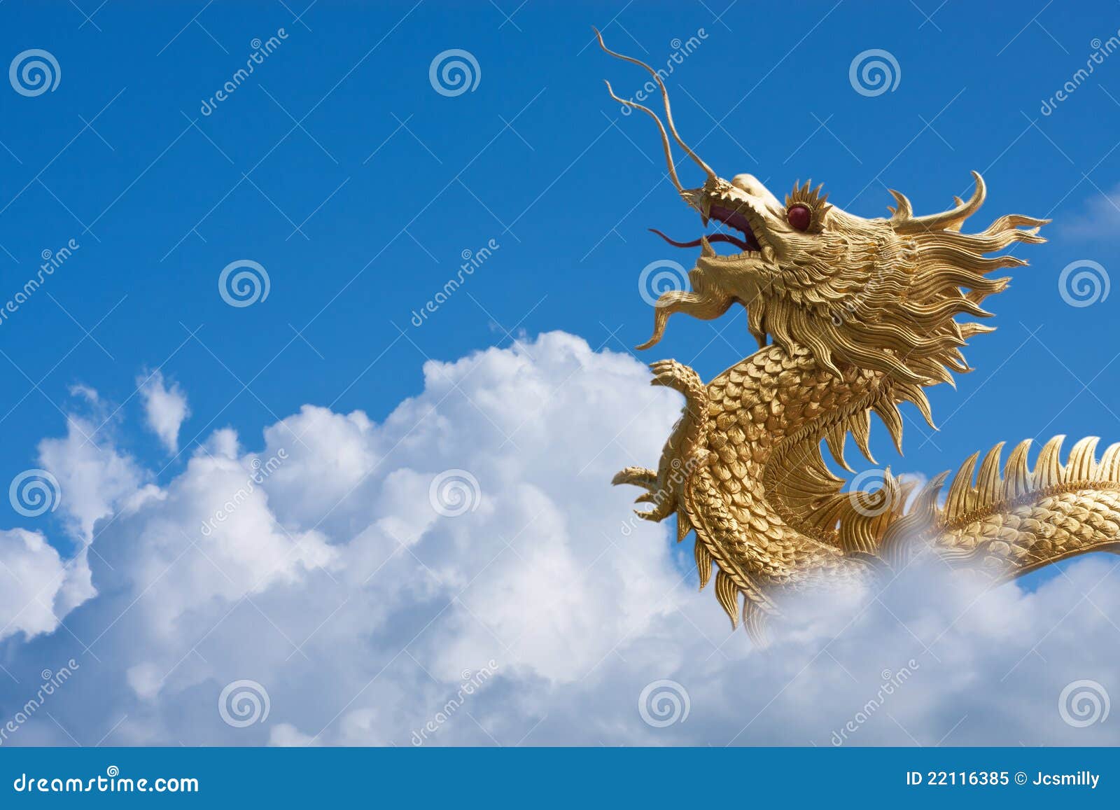 Gold Dragon Fly Over Blue Sky and Big White Cloud. Stock Image - Image ...