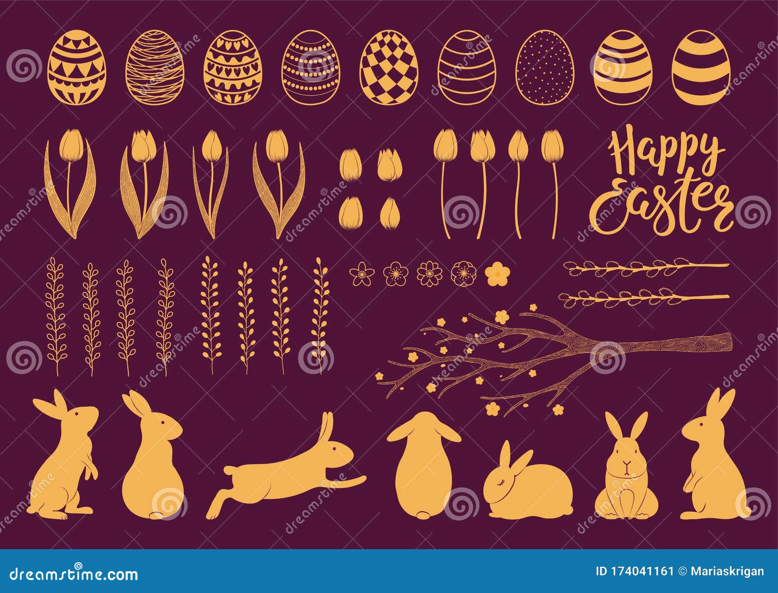Gold Easter elements set stock vector. Illustration of color - 174041161