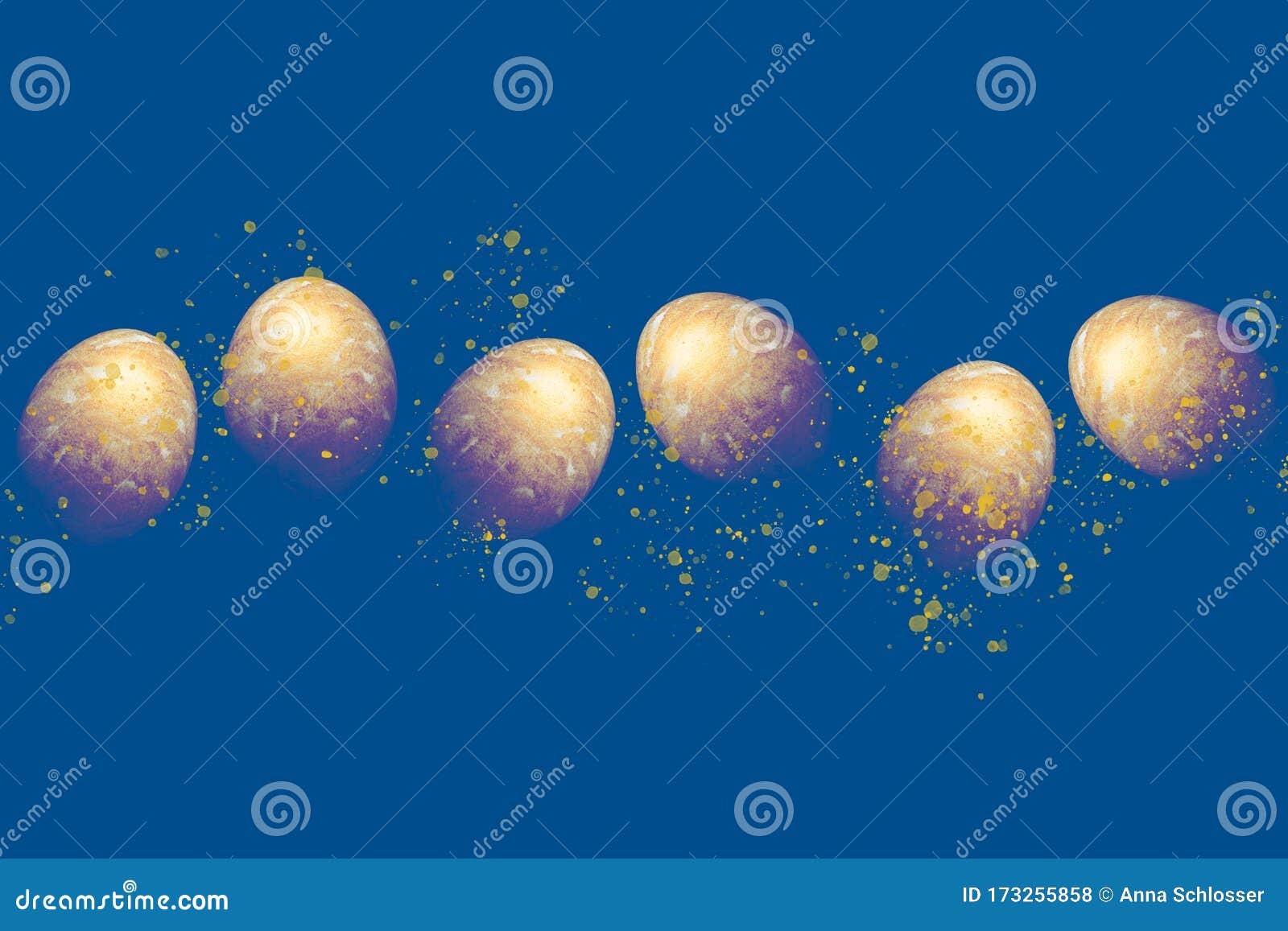 Gold Eggs on a Classic Blue Background with Paint Spatter Stock Photo ...