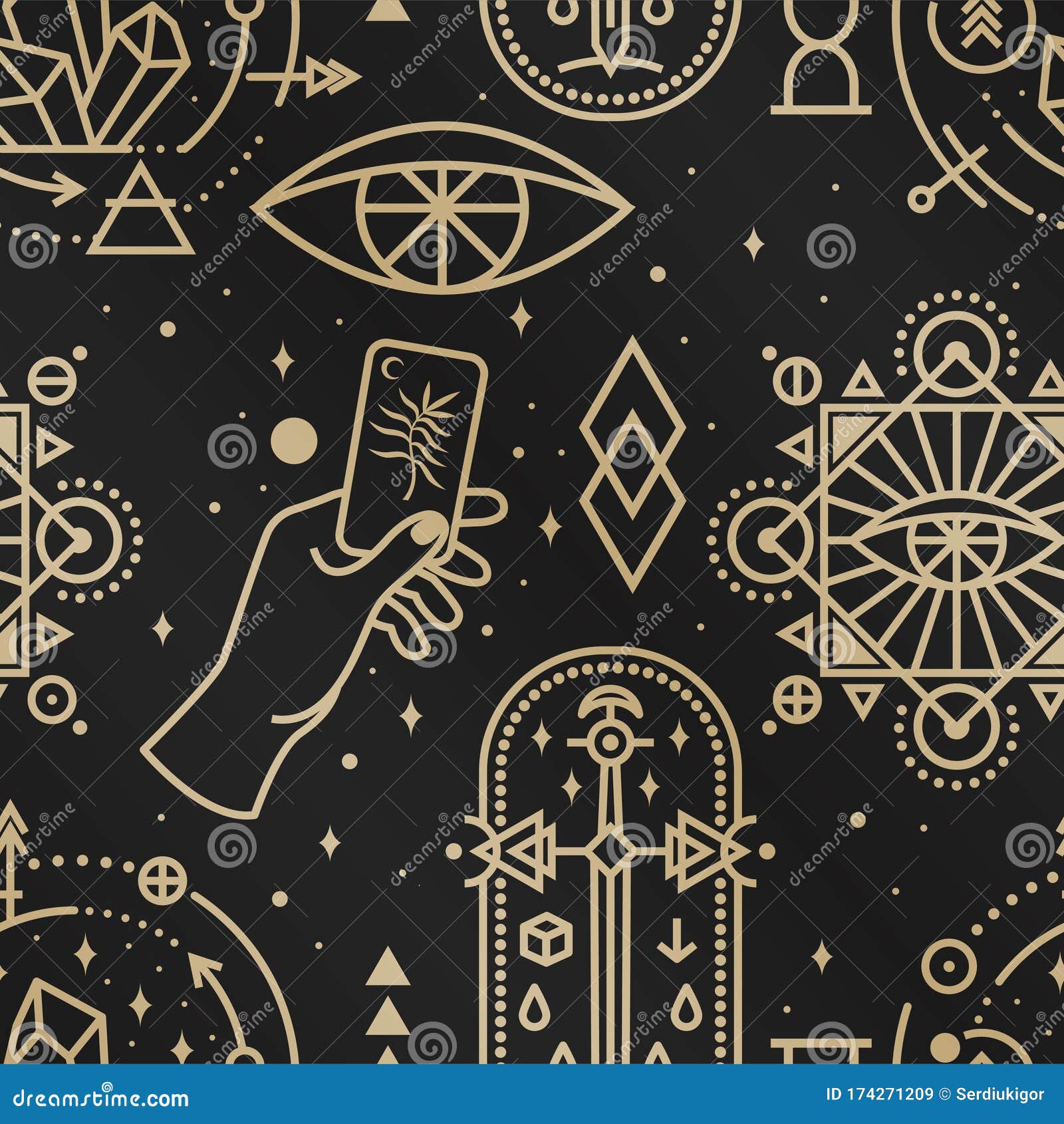 Set Of Gold Esoteric Symbol With Crescent, Star And Sun. Luxury Contour ...