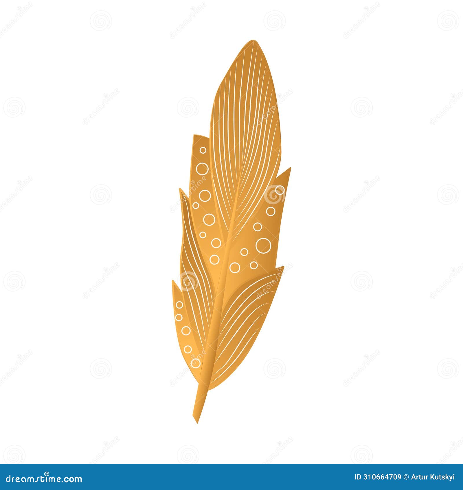 Gold Feather of Bird with Elegant Wavy Lines and Circle Shape Pattern ...
